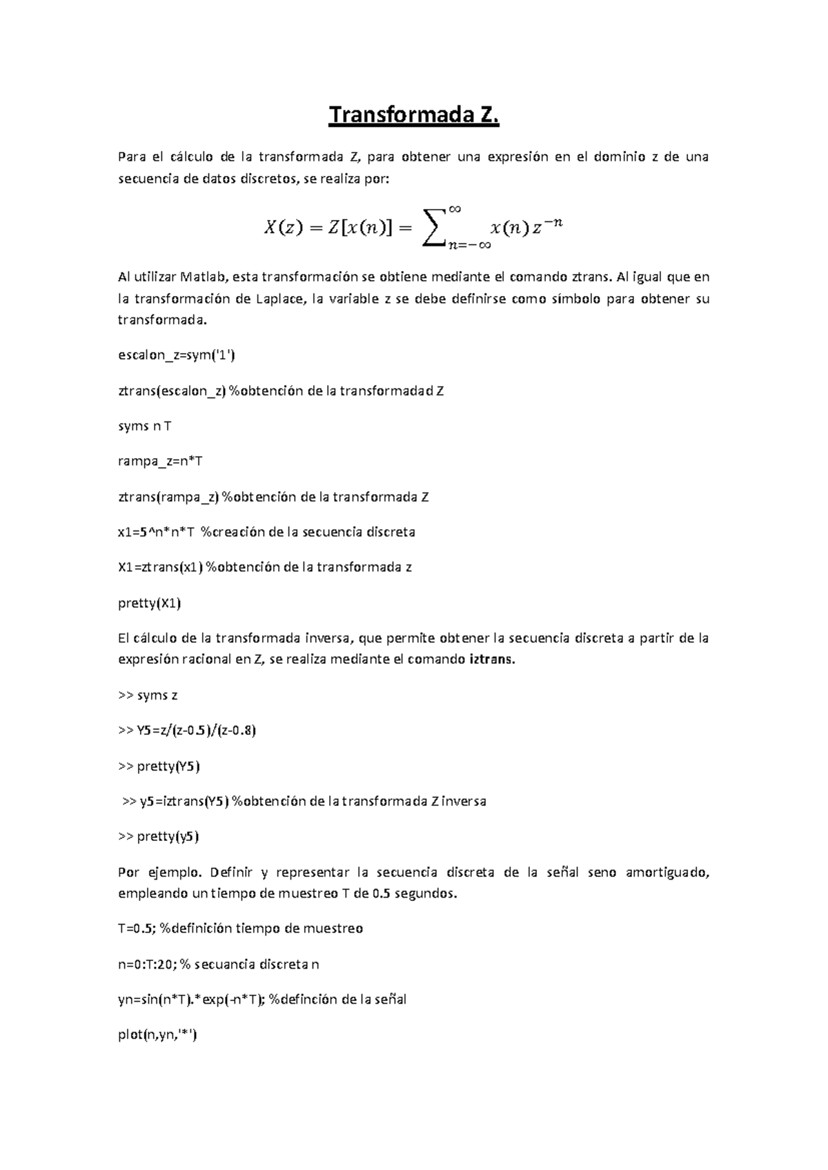 Guia 1 Z-2023 - Transformada Z. Para el cálculo de la transformada Z ...