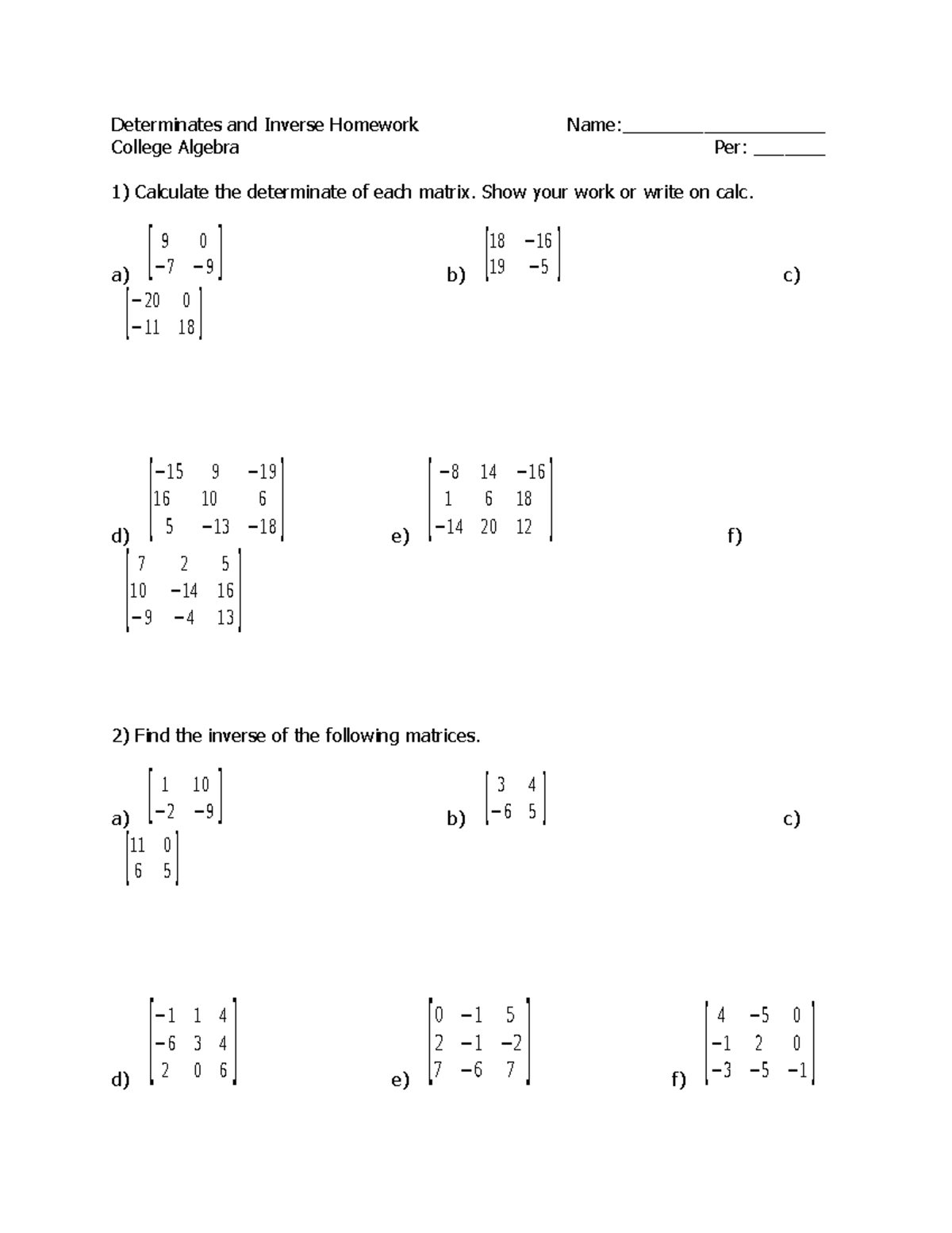 Math-140- Determinants and Inverse - Determinates and Inverse Homework ...