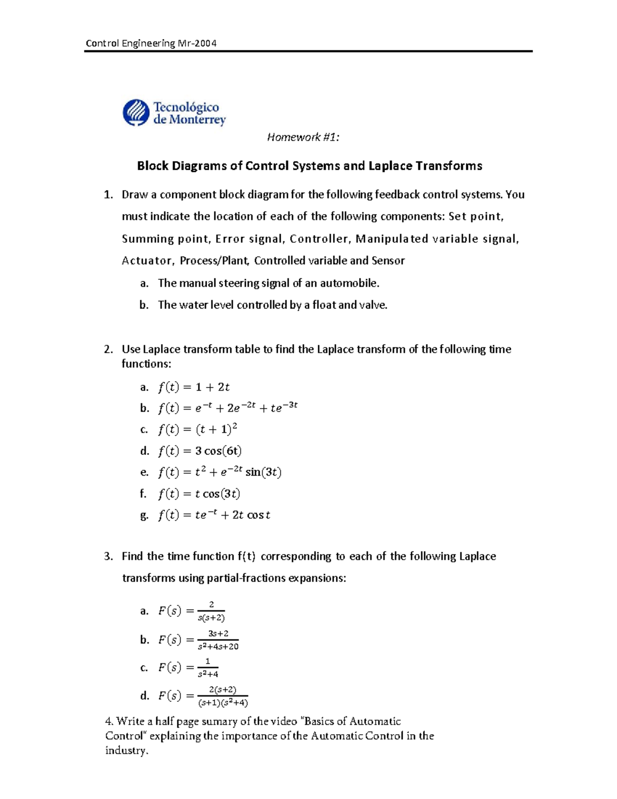 HW1 - HOMEWORK 1 - Control Engineering Mr‐ 2004 Homework #1: Block Diagrams of Control Systems ...