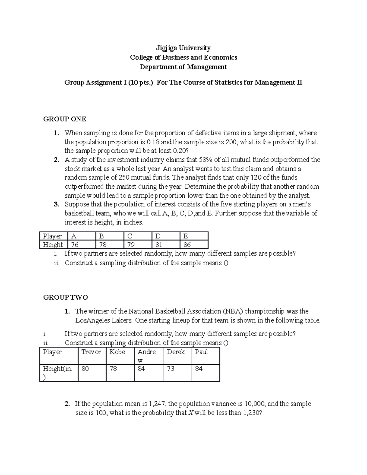 STAT II Assignment I - Jigjiga University College of Business and ...