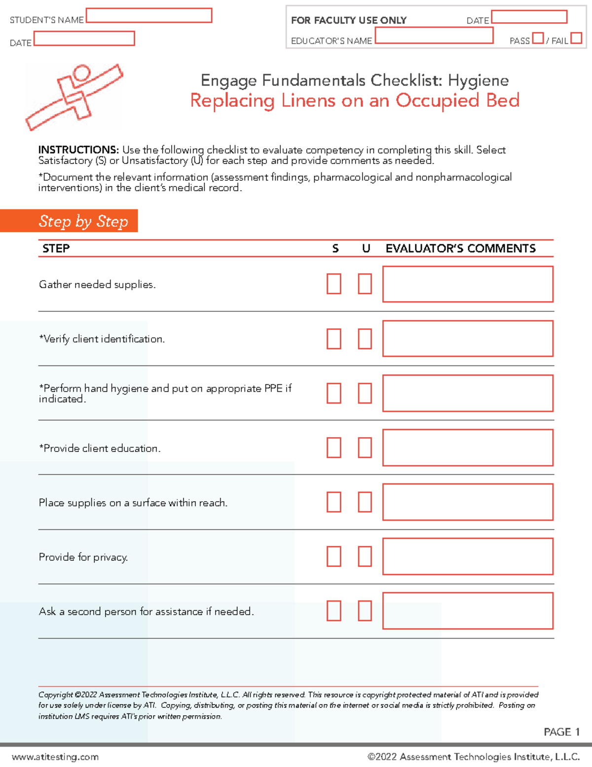 Skills Checklist Hygiene Linens Occupied - PAGE 1 Copyright ©2022 ...