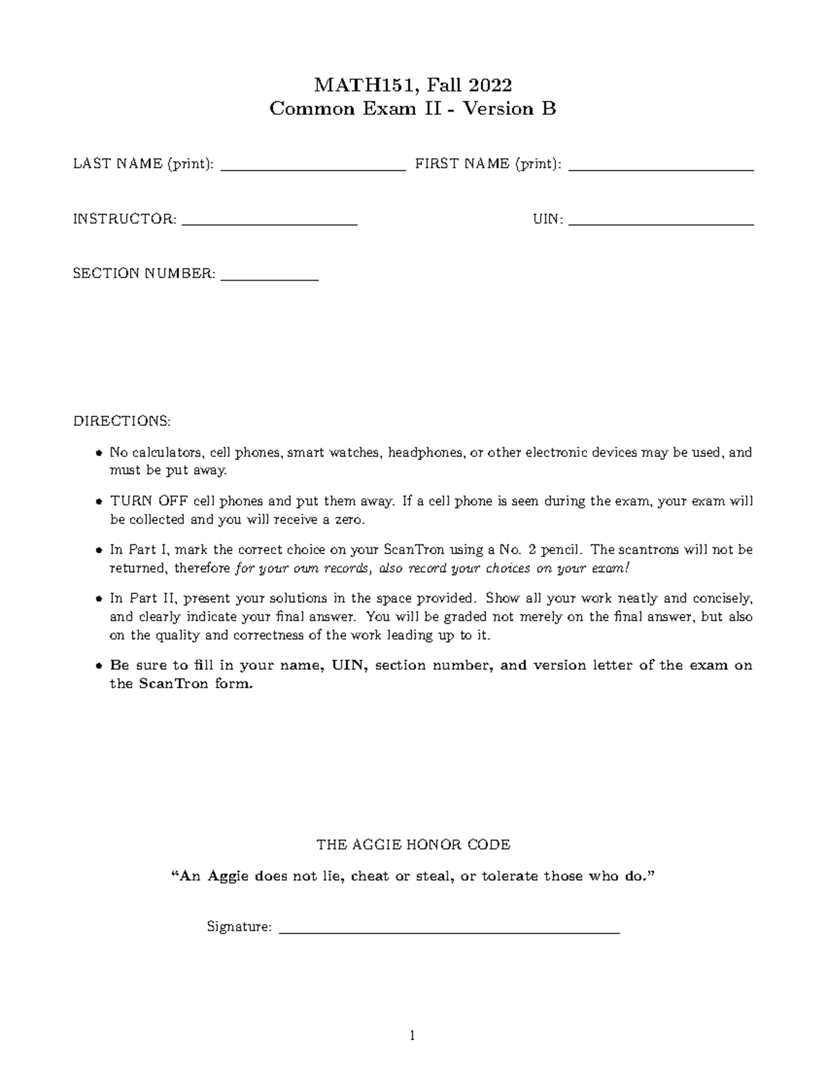 MATH151F22Exam2BSol - MATH151, Fall 2022 Common Exam II - Version B ...