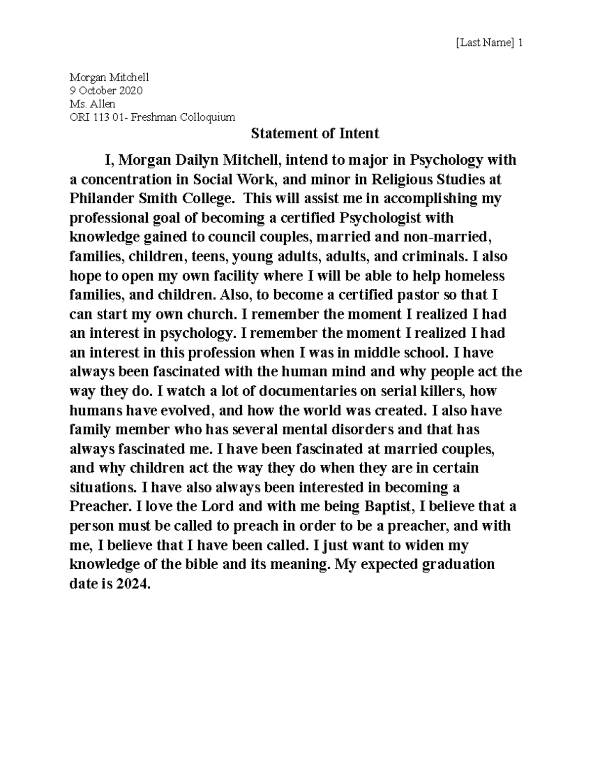 Statement of Intent - Work for Math Class - [Last Name] 1 Morgan ...