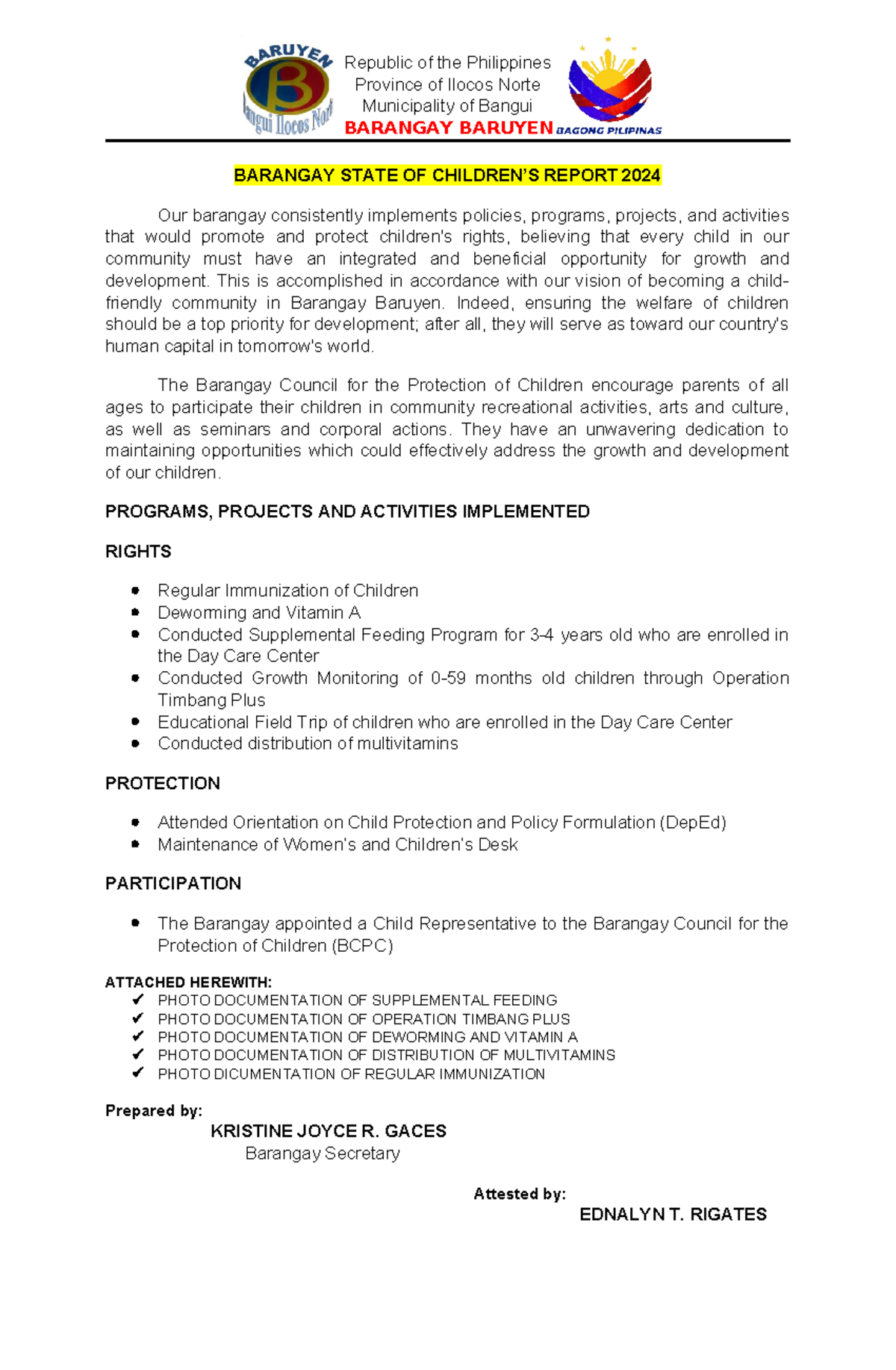 Barangay State OF Children'S Report - Republic of the Philippines ...