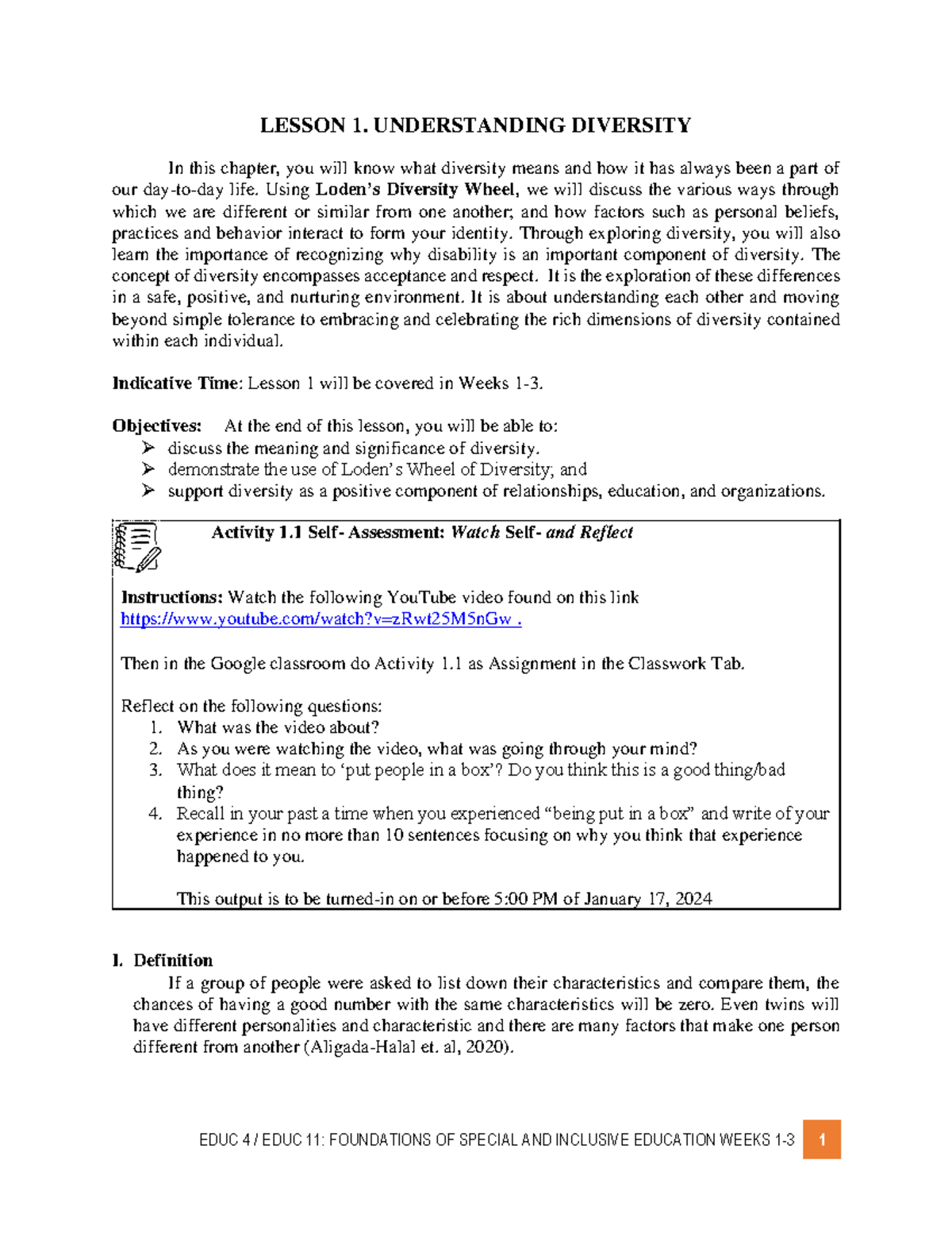 Lesson-1 - Understanding-Diversity for Inclusive Education Class - LESSON 1. UNDERSTANDING ...
