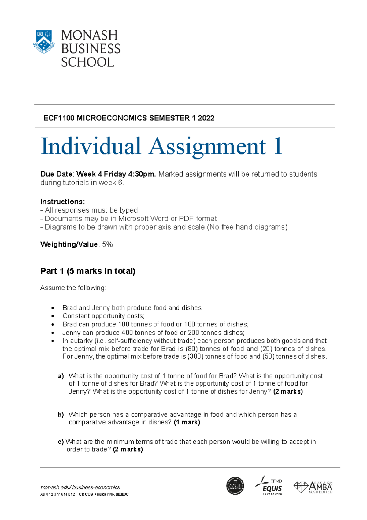ECF1100 Individual Assignment 1 Sem 1 2022 - monash/ business-economics ...