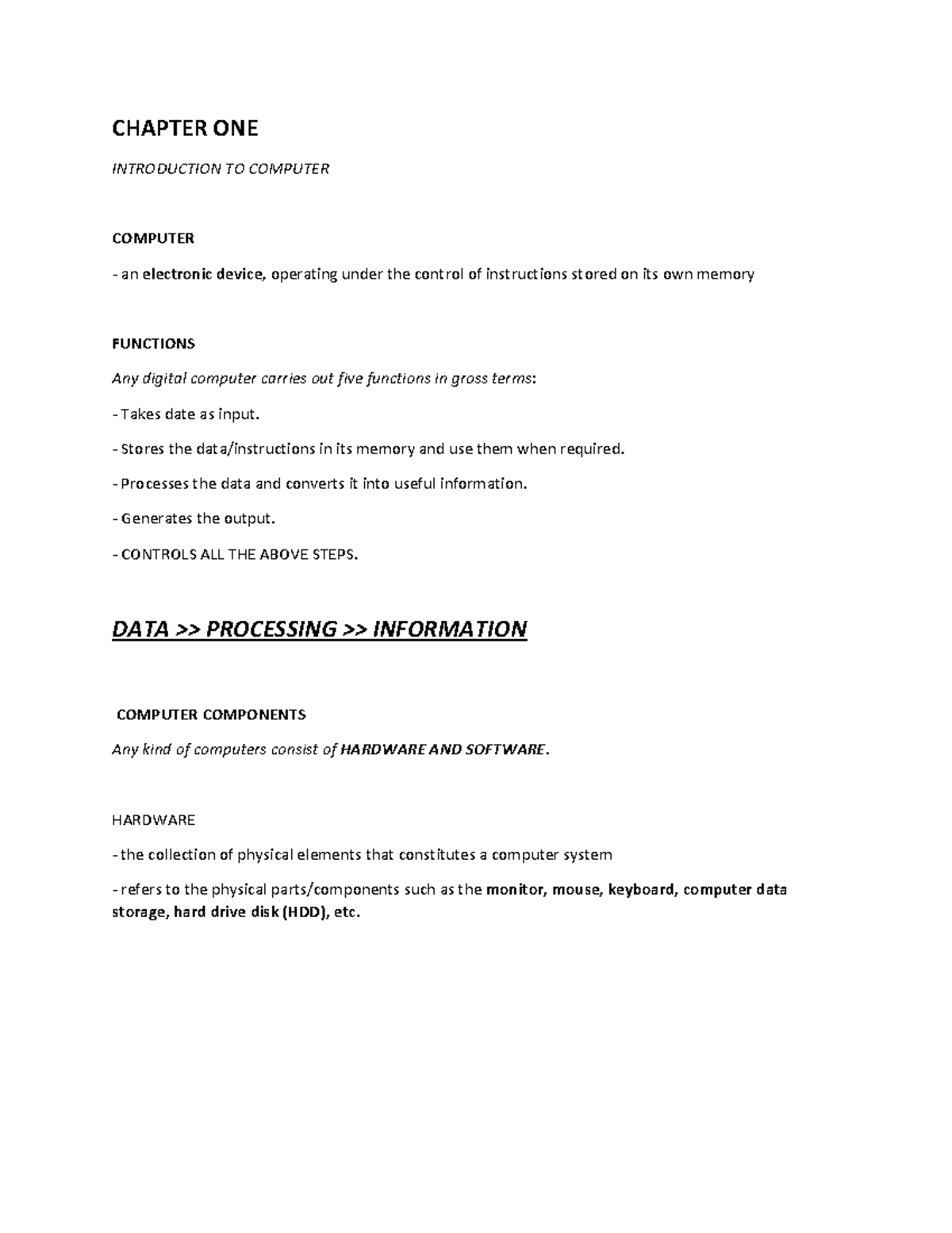 Introducton TO Computer - CHAPTER ONE INTRODUCTION TO COMPUTER COMPUTER ...