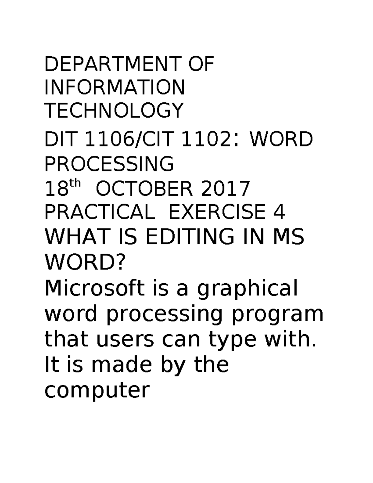 MS WORD CAT - DEPARTMENT OF INFORMATION TECHNOLOGY DIT 1106/CIT 1102: WORD PROCESSING 18 th ...
