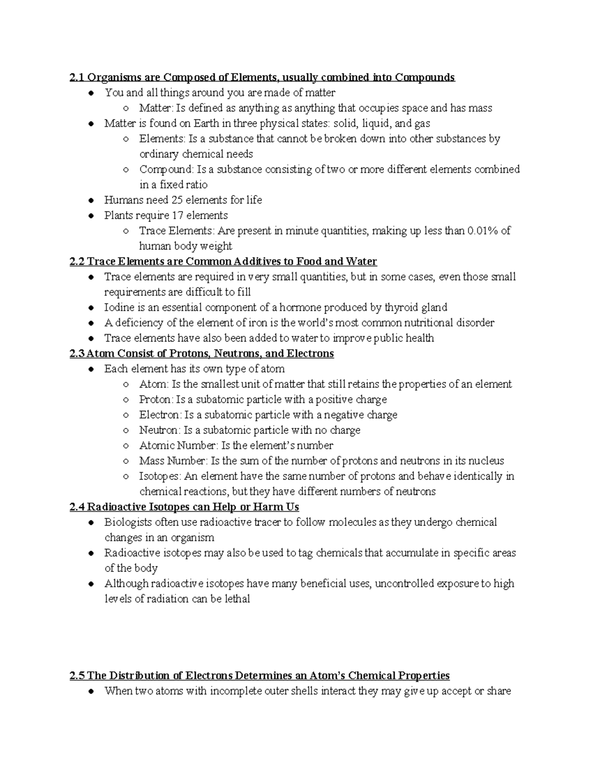 Chapter Two Outline - Summary Campbell Biology Concepts and Connections ...