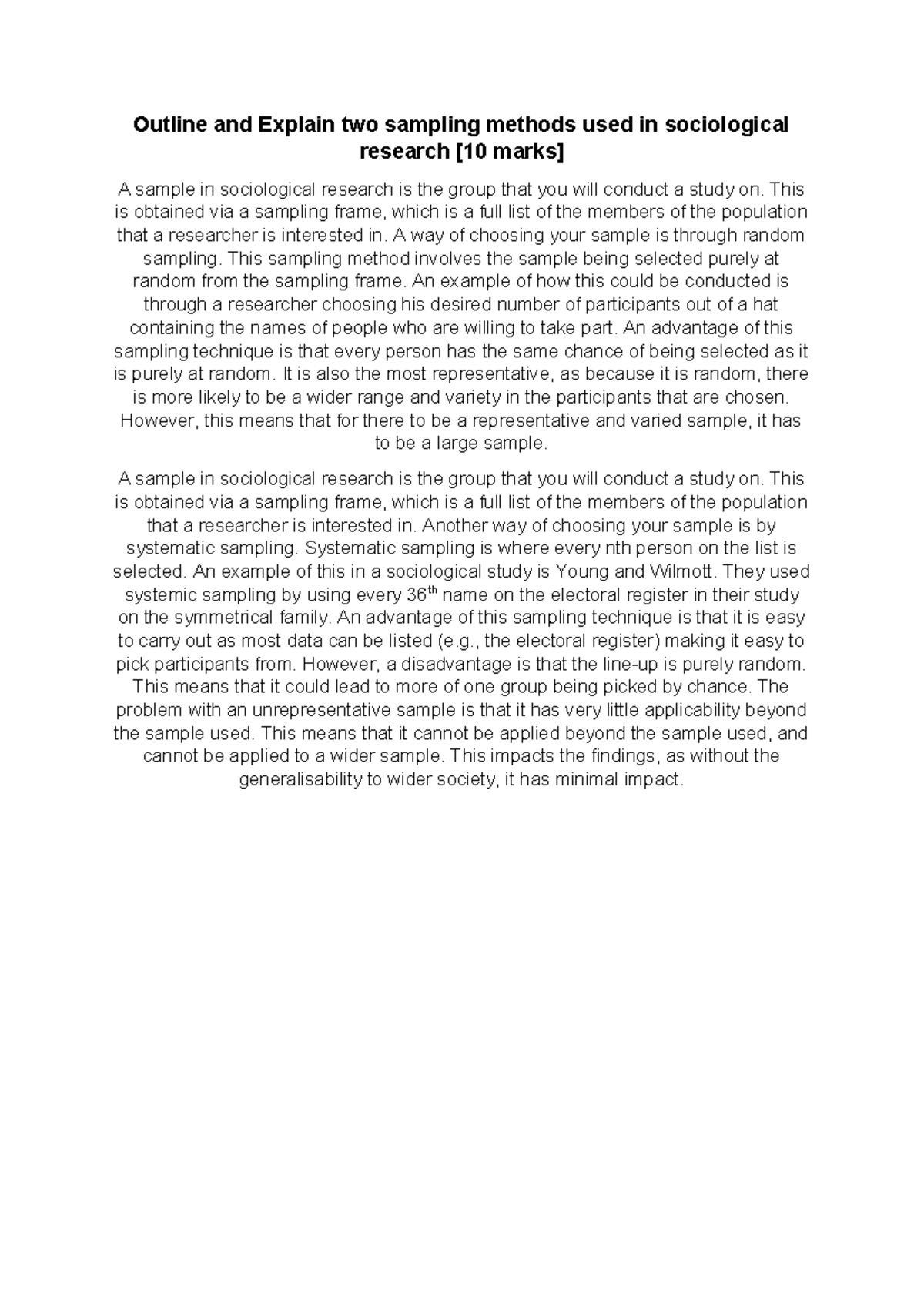 Outline and Explain two sampling methods used in sociological research ...