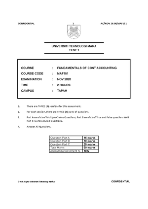 Front Page Test 2 MAF151 - ANSWER BOOKLET FACULTY ACCOUNTANCY PROGRAM ...