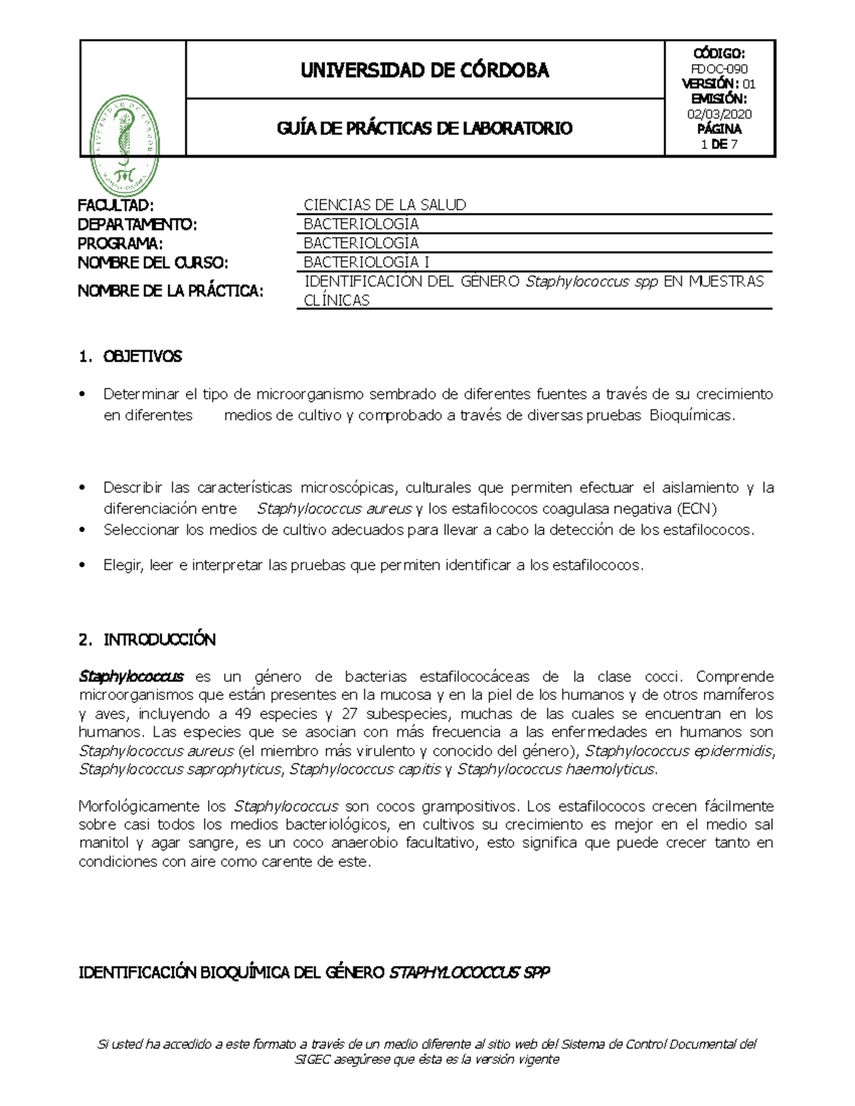 Staphylococcys Spp - lkpl - UNIVERSIDAD DE CÓRDOBA FDOC- VERSIÓN: 01 ...