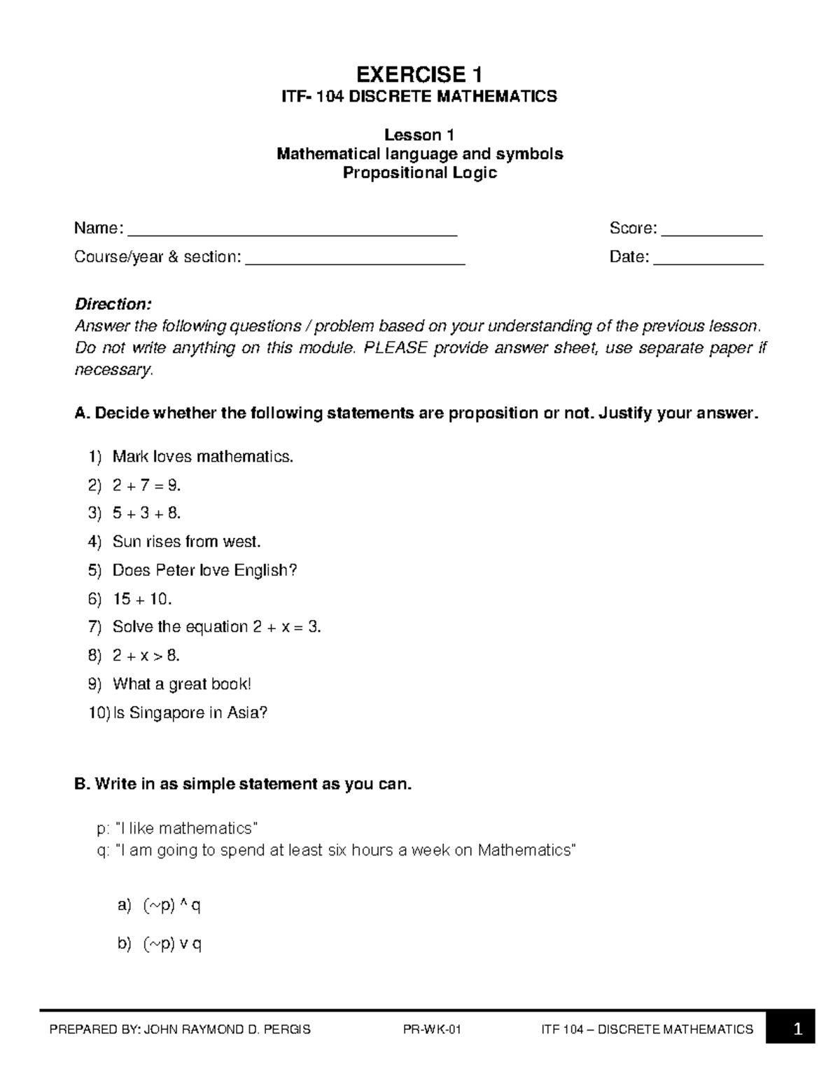 ITF 104 - Exercise 1 - Bachelor of Secondary Education - PRMSU - Studocu