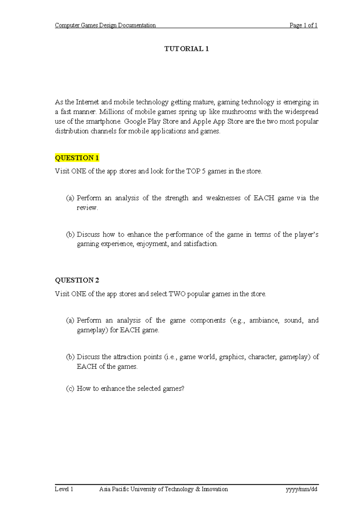 CT003-3-1-CGDD Tutorial-1 - Computer Games Design Documentation Page 1 ...