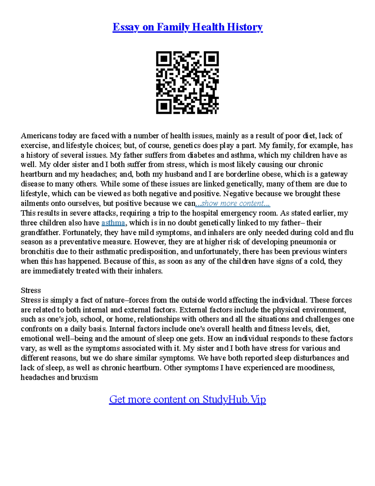 Family History Essay Examples - Essay on Family Health History ...
