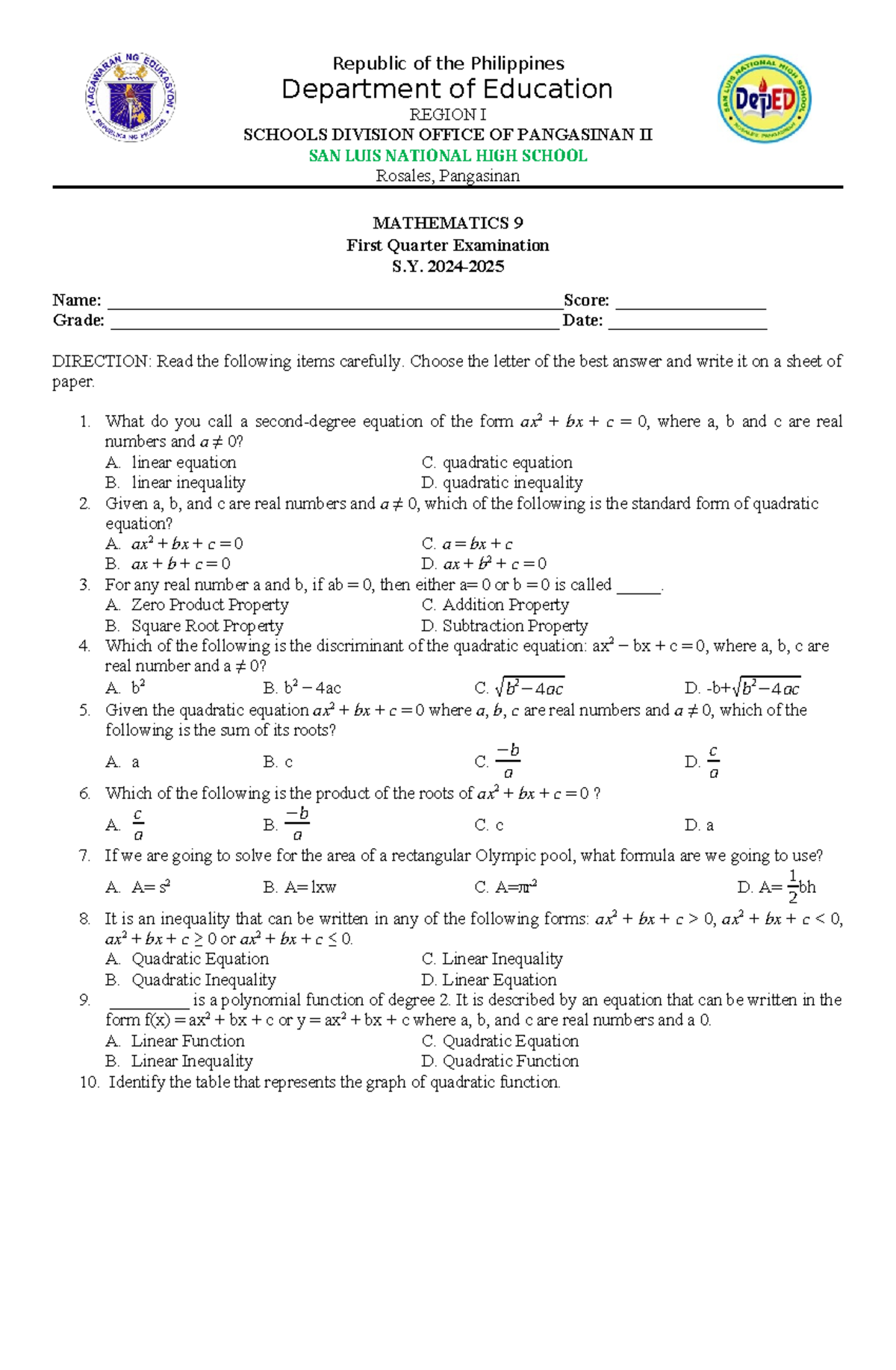 MATH- 1st Quarter Exam - Exam in Math - Republic of the Philippines ...