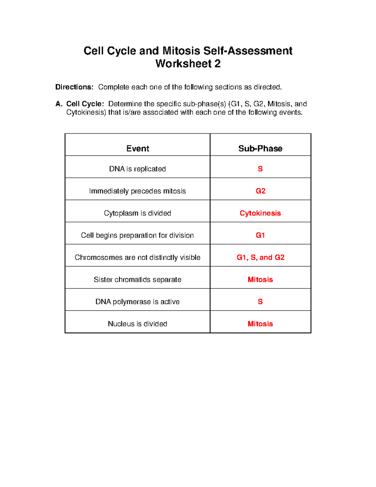 HBC13Self Assessment Worksheet 2Answer Key - Cell Cycle and Mitosis ...
