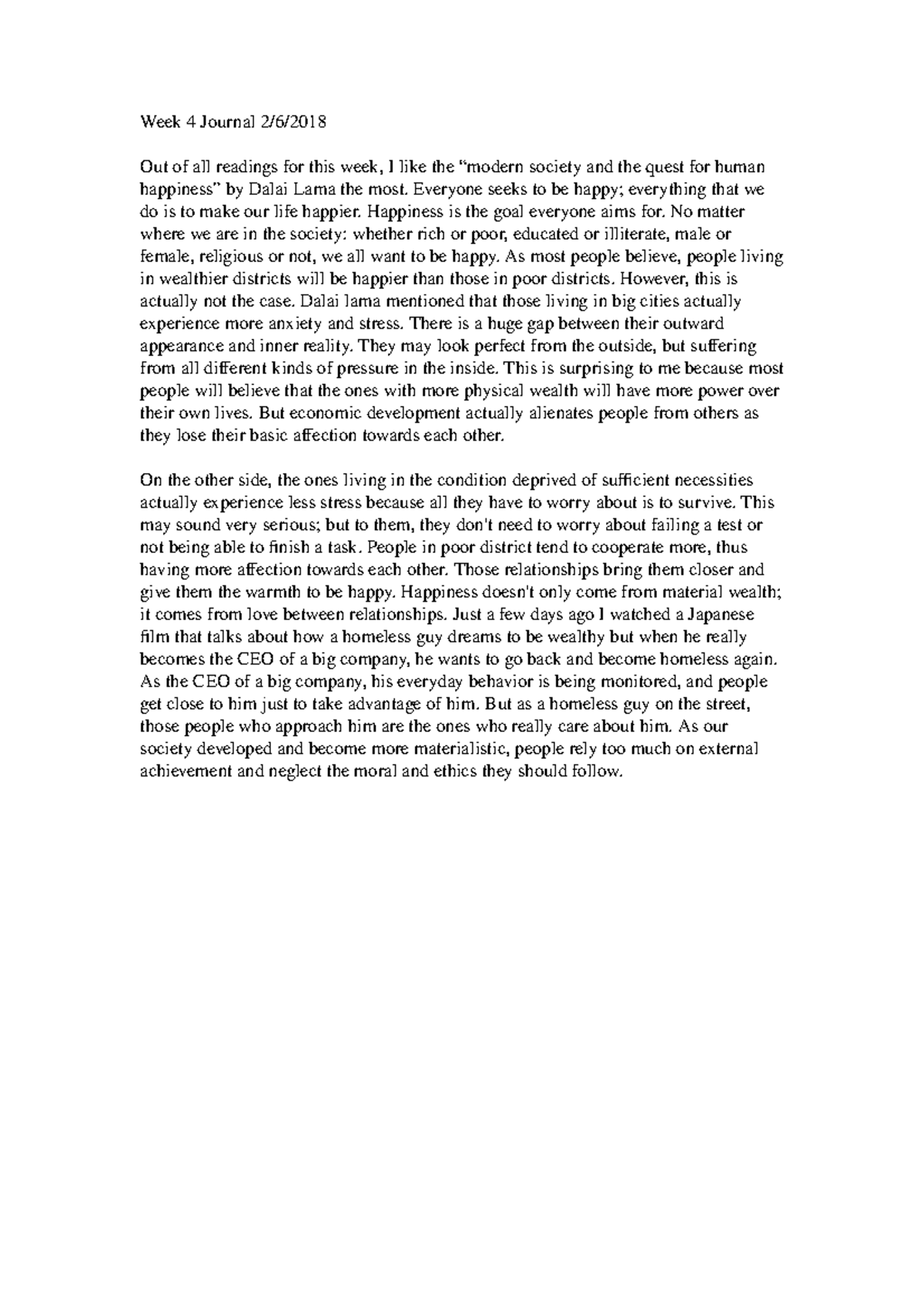 Week 4 Journal - Lecture notes 4 - Week 4 Journal 2/6/ Out of all ...