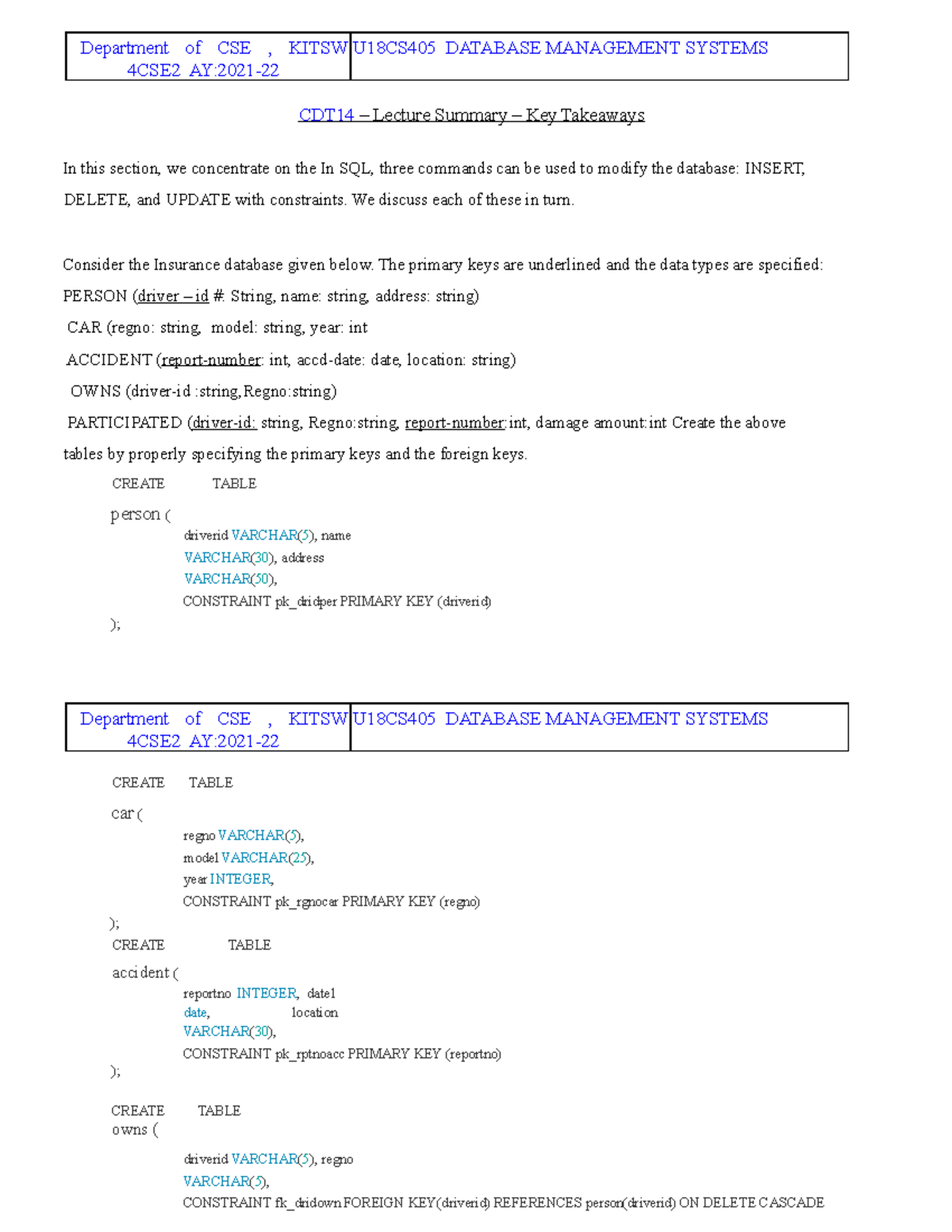 DBMS14 - Important topics in DBMS - Department of CSE , KITSW 4CSE2 AY ...