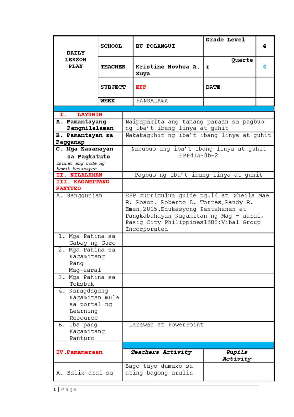 EPP- Grade 4-DLP - epp - DAILY LESSON PLAN SCHOOL BU POLANGUI Grade ...