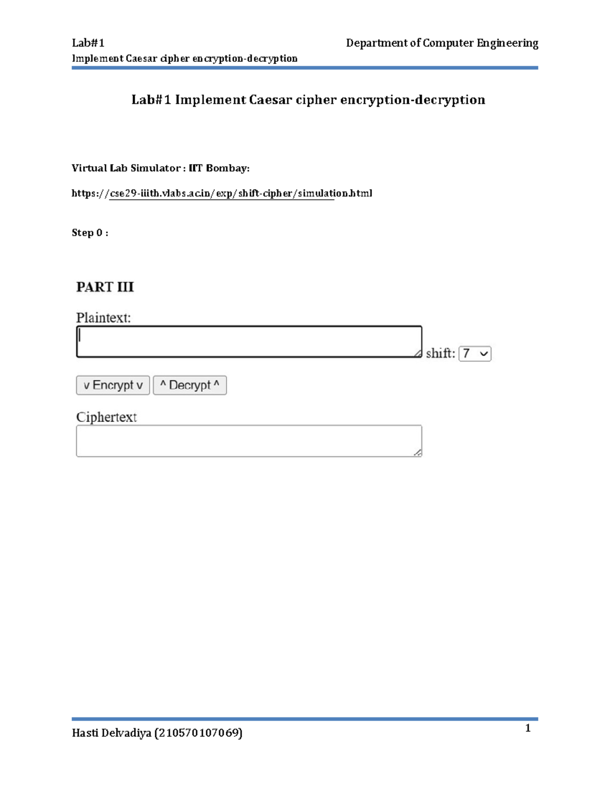 info security p1 - Implement Caesar cipher encryption-decryption Virtual Lab Simulator : IIT ...