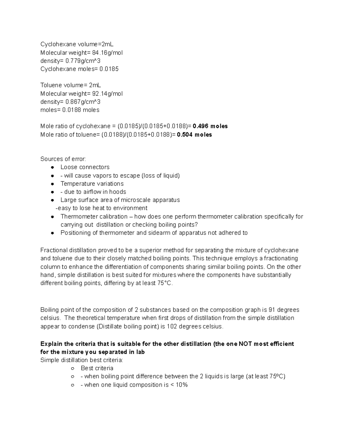 Distillation Post Lab - post - Cyclohexane volume=2mL Molecular weight ...