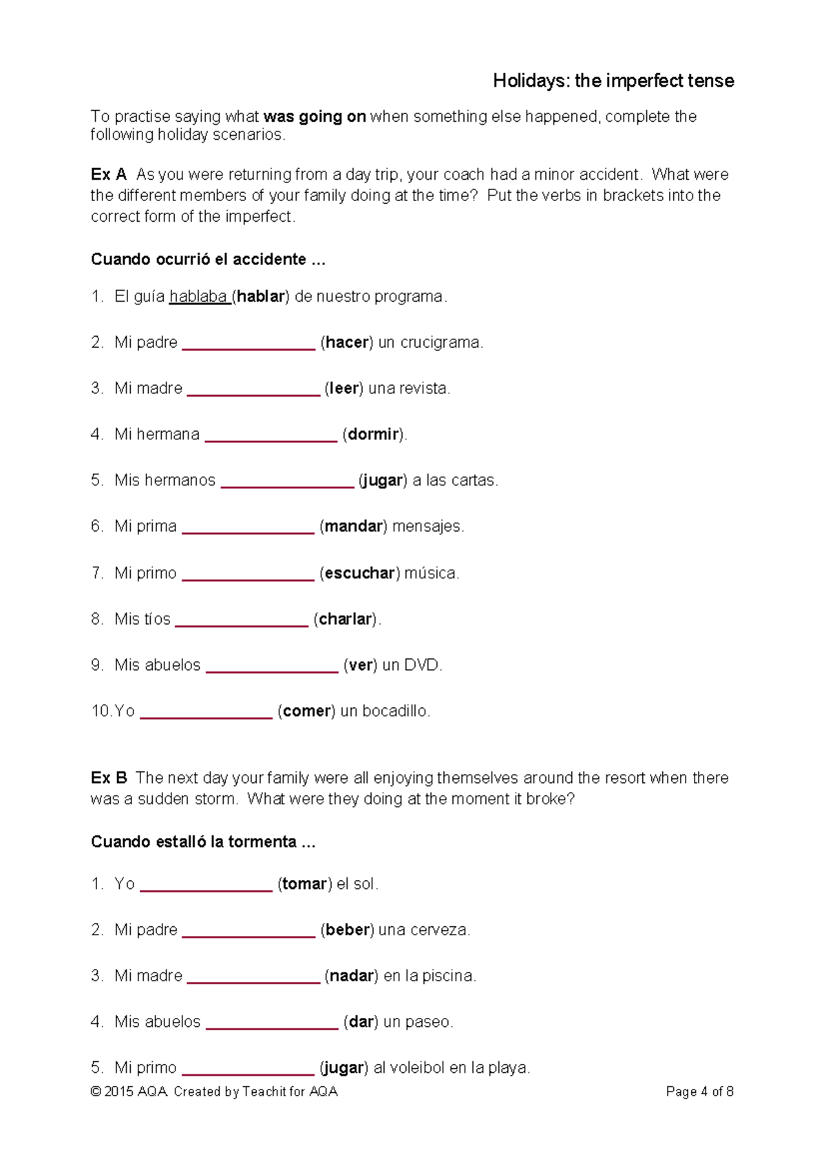 Imperfect - Practice questions - To practise saying what was going on ...