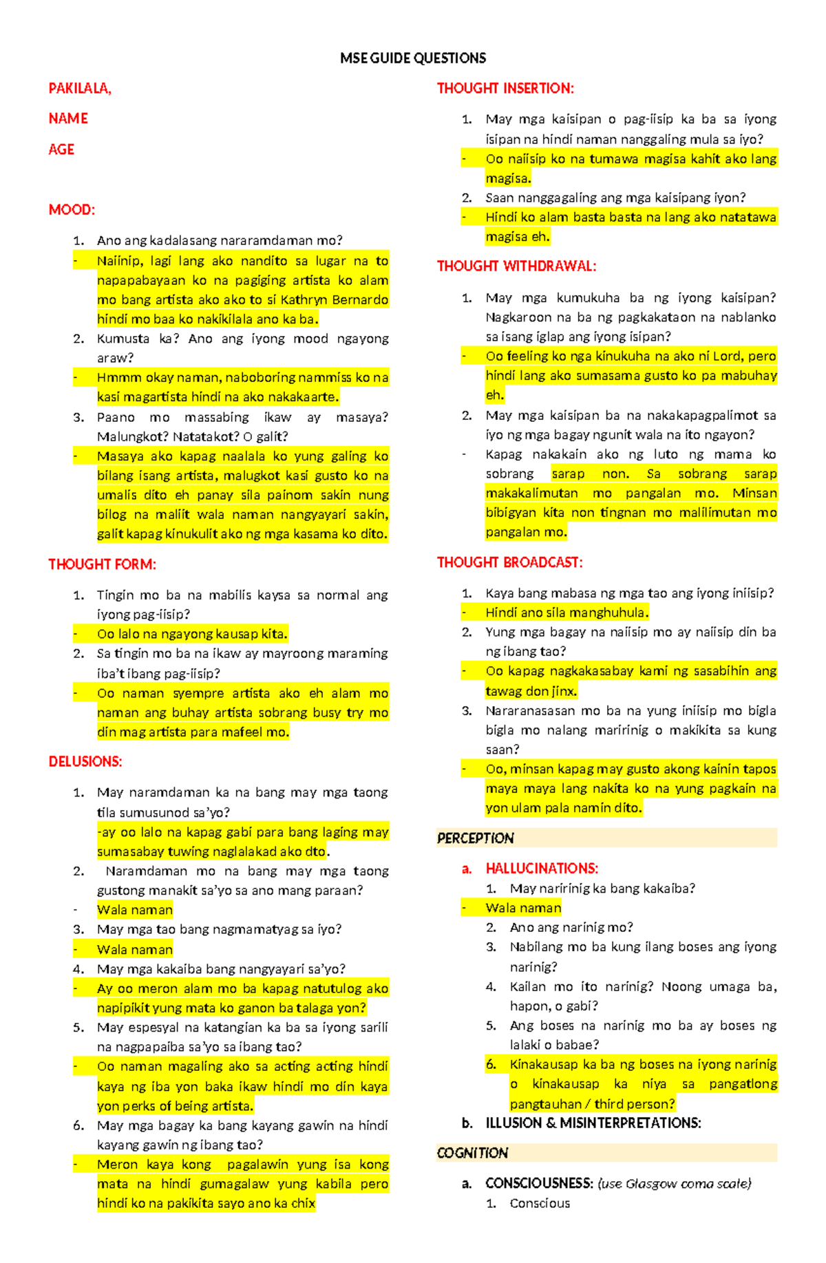 2 Psych RLE MSE Guide Questions tagalized draft - MSE GUIDE QUESTIONS PAKILALA, NAME AGE MOOD ...