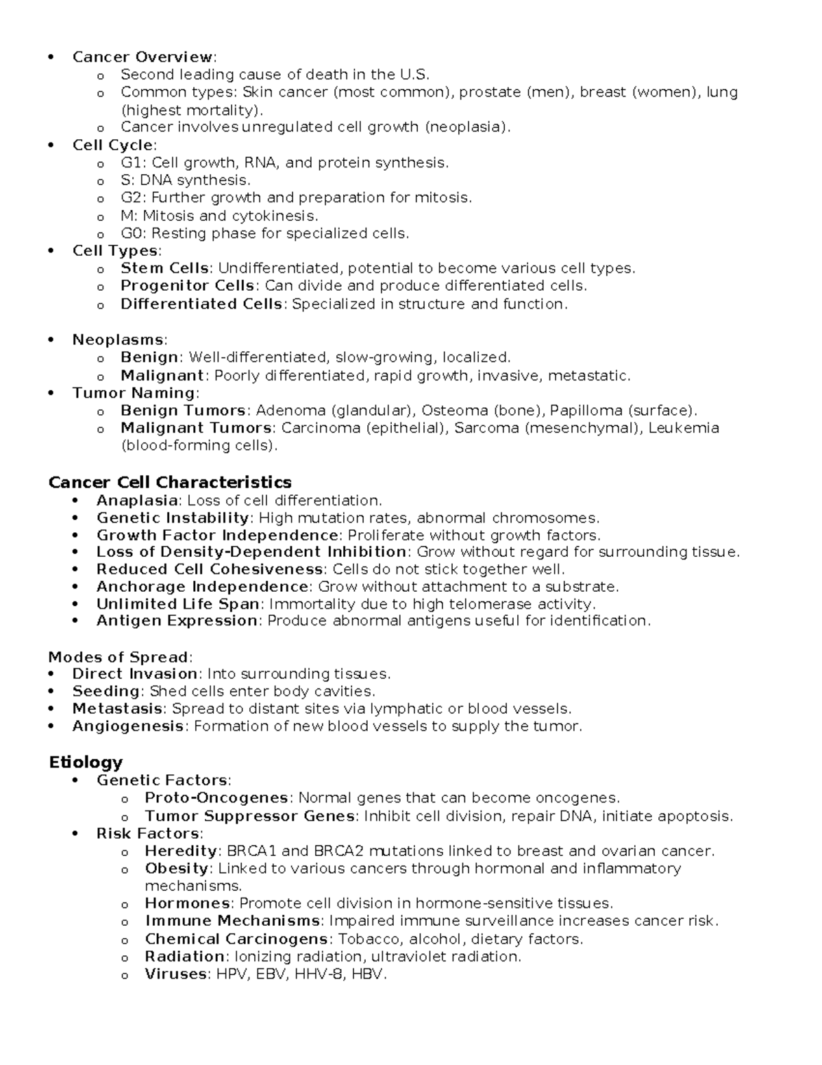Module 2 - Study Guide Outline (Patho) - Cancer Overview: o Second ...