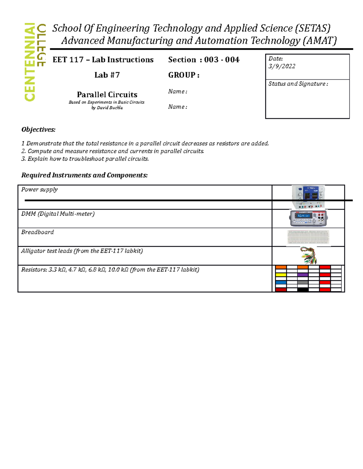 EET-117-Lab 7- Parallel Circuit W22 - School Of Engineering Technology and Applied Science ...