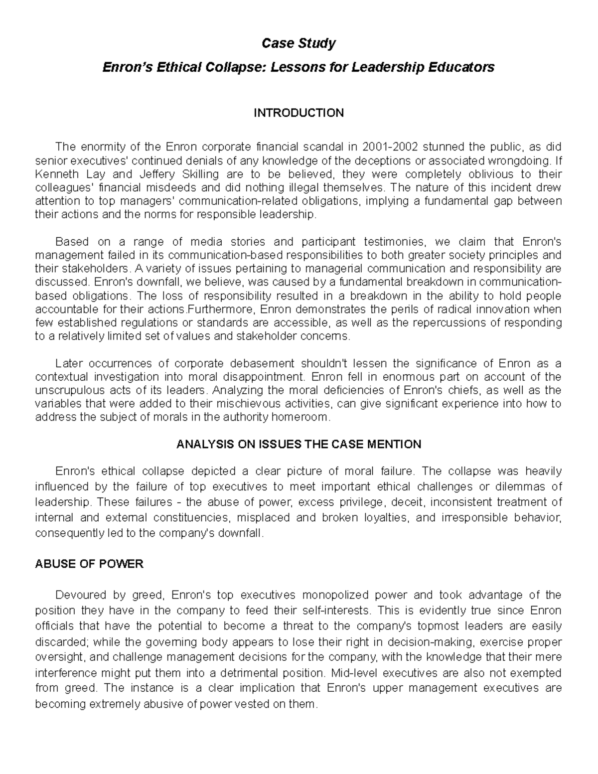 Case Study - none - Case Study Enron’s Ethical Collapse: Lessons for ...