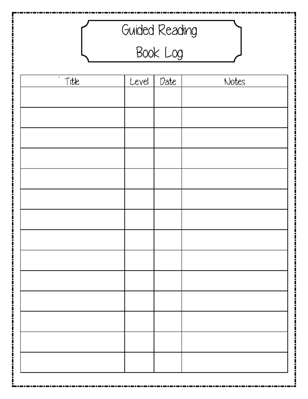Guided Reading Book Log Student Notes Record-1 - Title Level Date Notes ...