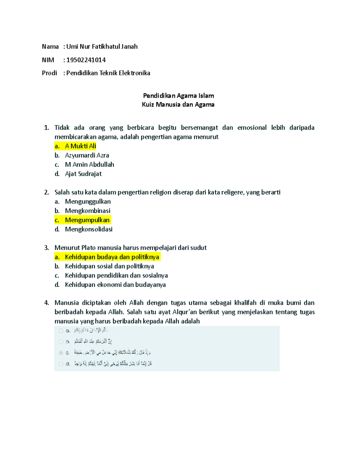 Kuiz 1 (Manusia dan Agama) - Nama : Umi Nur Fatikhatul Janah NIM ...