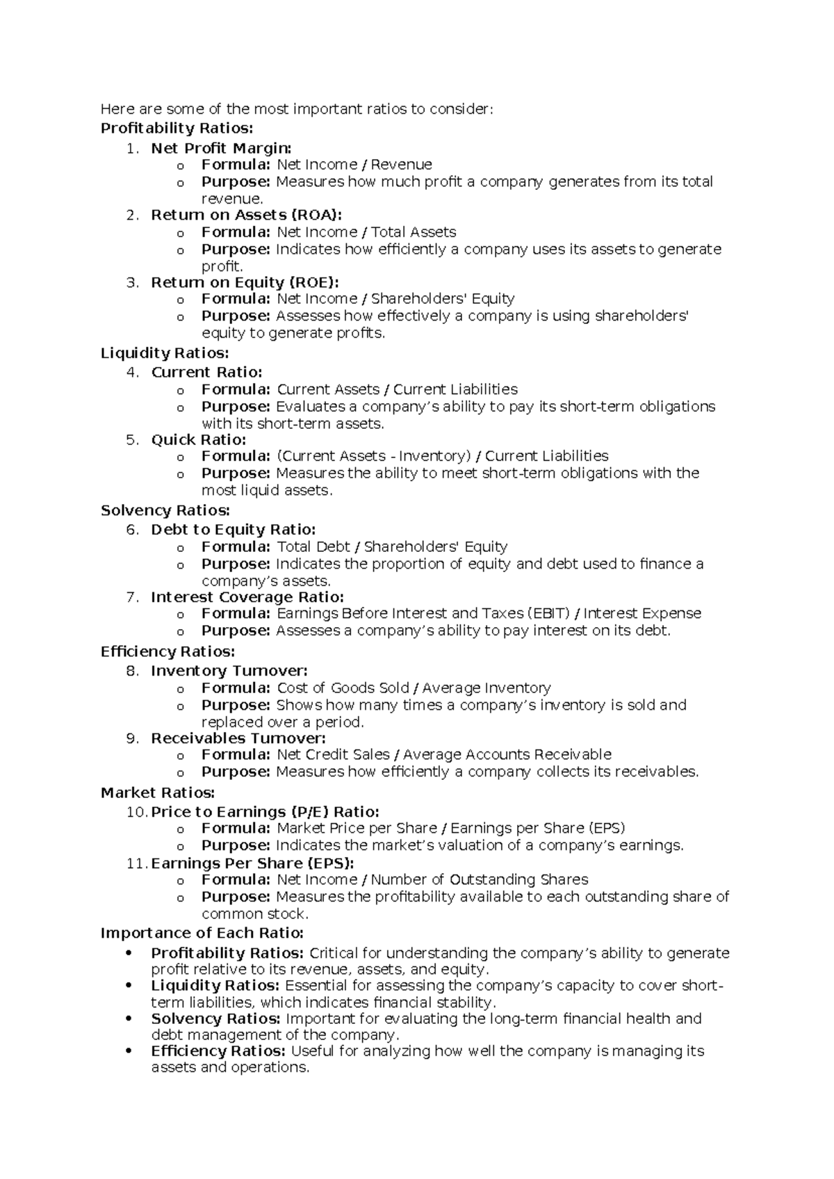 Ratios - Notes on ratio - Here are some of the most important ratios to ...