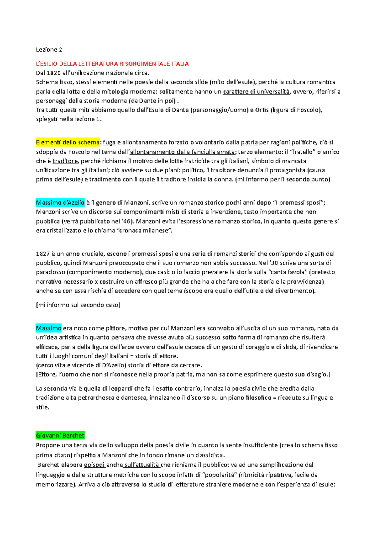 Lezione 2 - Lezione 2 DELLA LETTERATURA RISORGIMENTALE ITALIA Dal 1820 nazionale circa. Schema ...