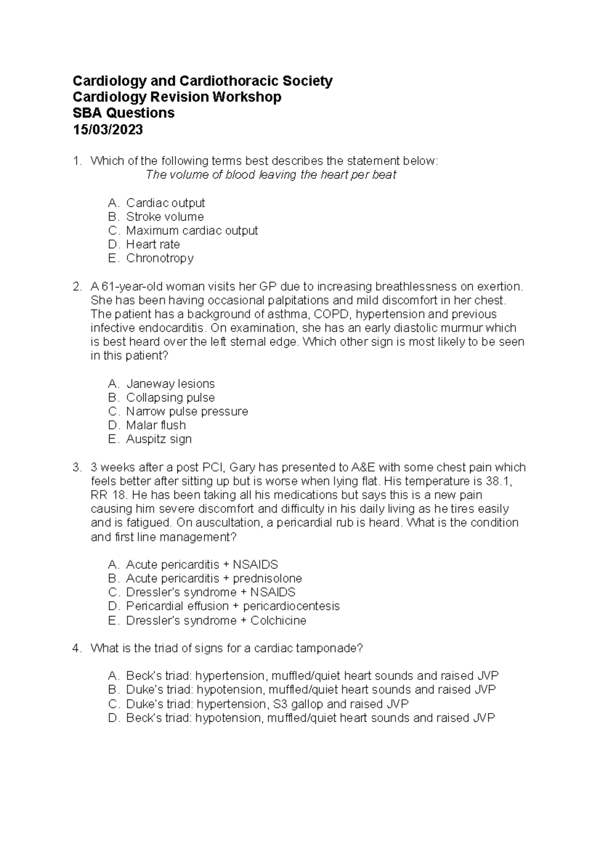Cardiology Revision SBA Questions - Cardiology and Cardiothoracic ...