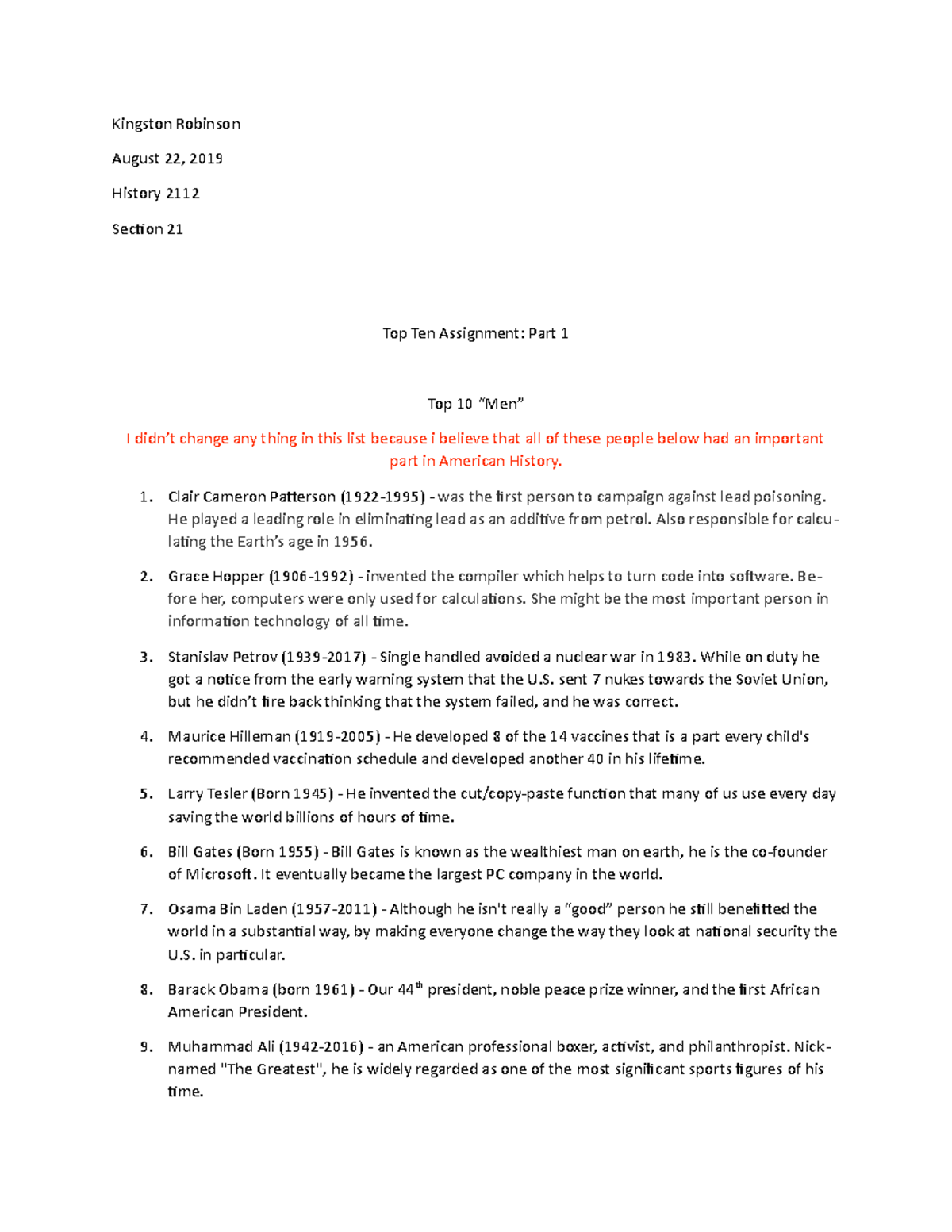 Top Ten Assignment part 2 - Kingston Robinson August 22, 2019 History ...