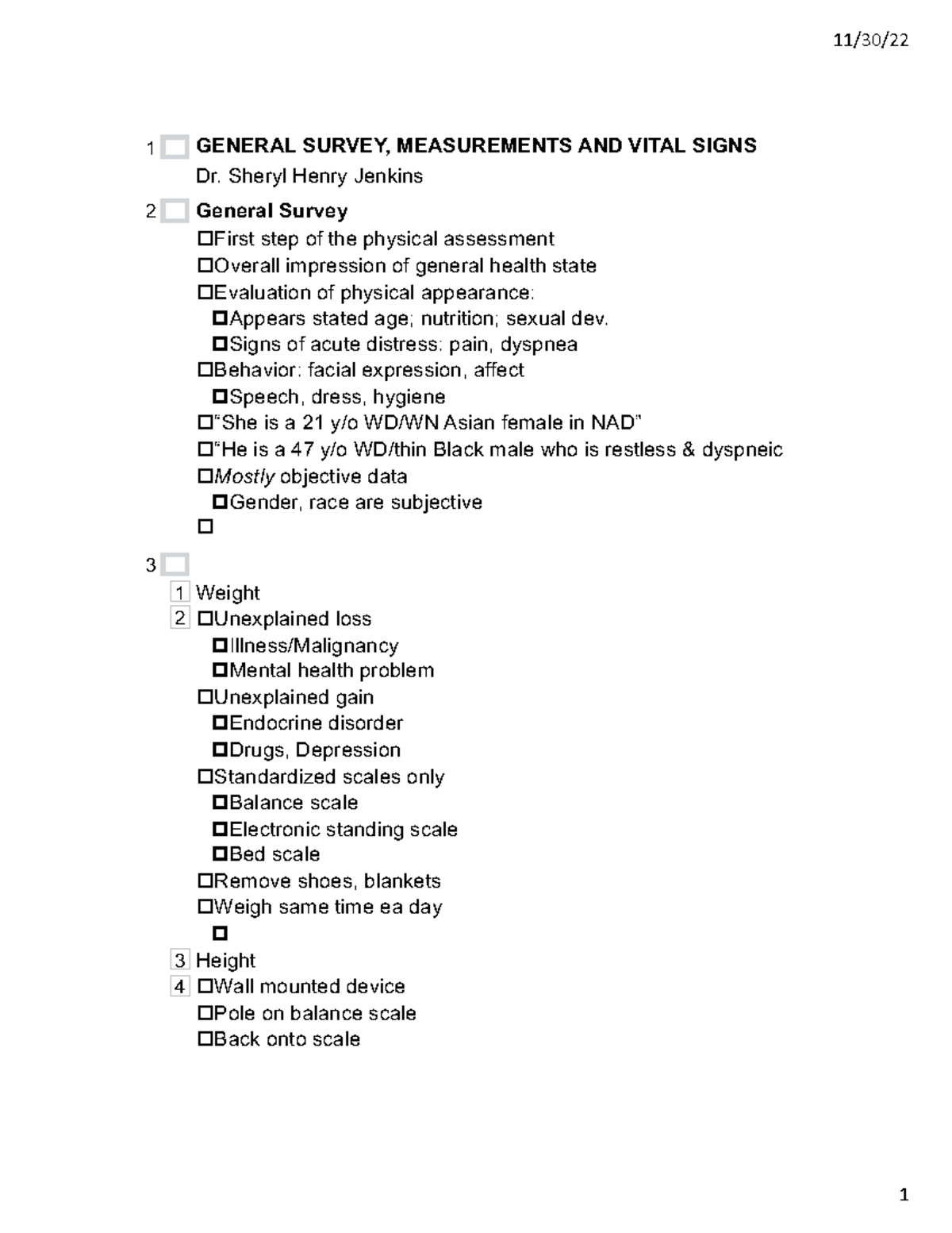 HA notes 2 - 11/30/ 1 GENERAL SURVEY, MEASUREMENTS AND VITAL SIGNS Dr ...