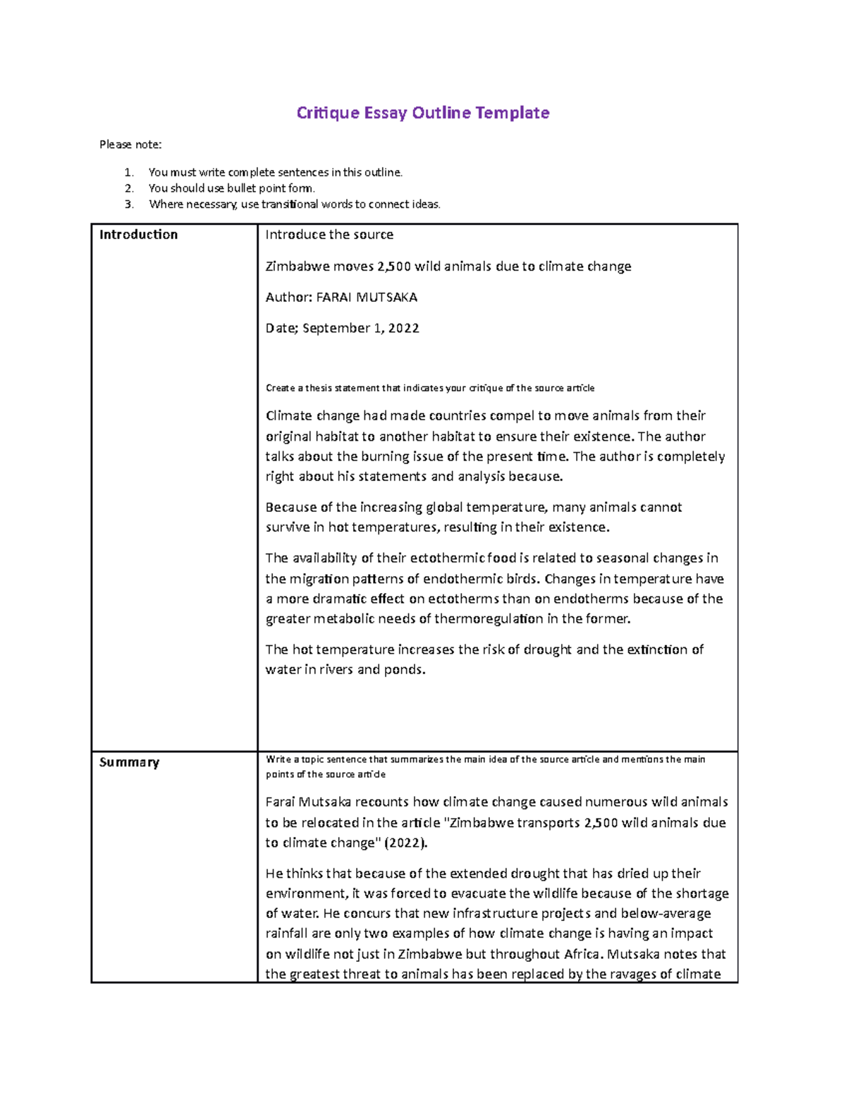 Critique Essay Outline Template - Critique Essay Outline Template ...