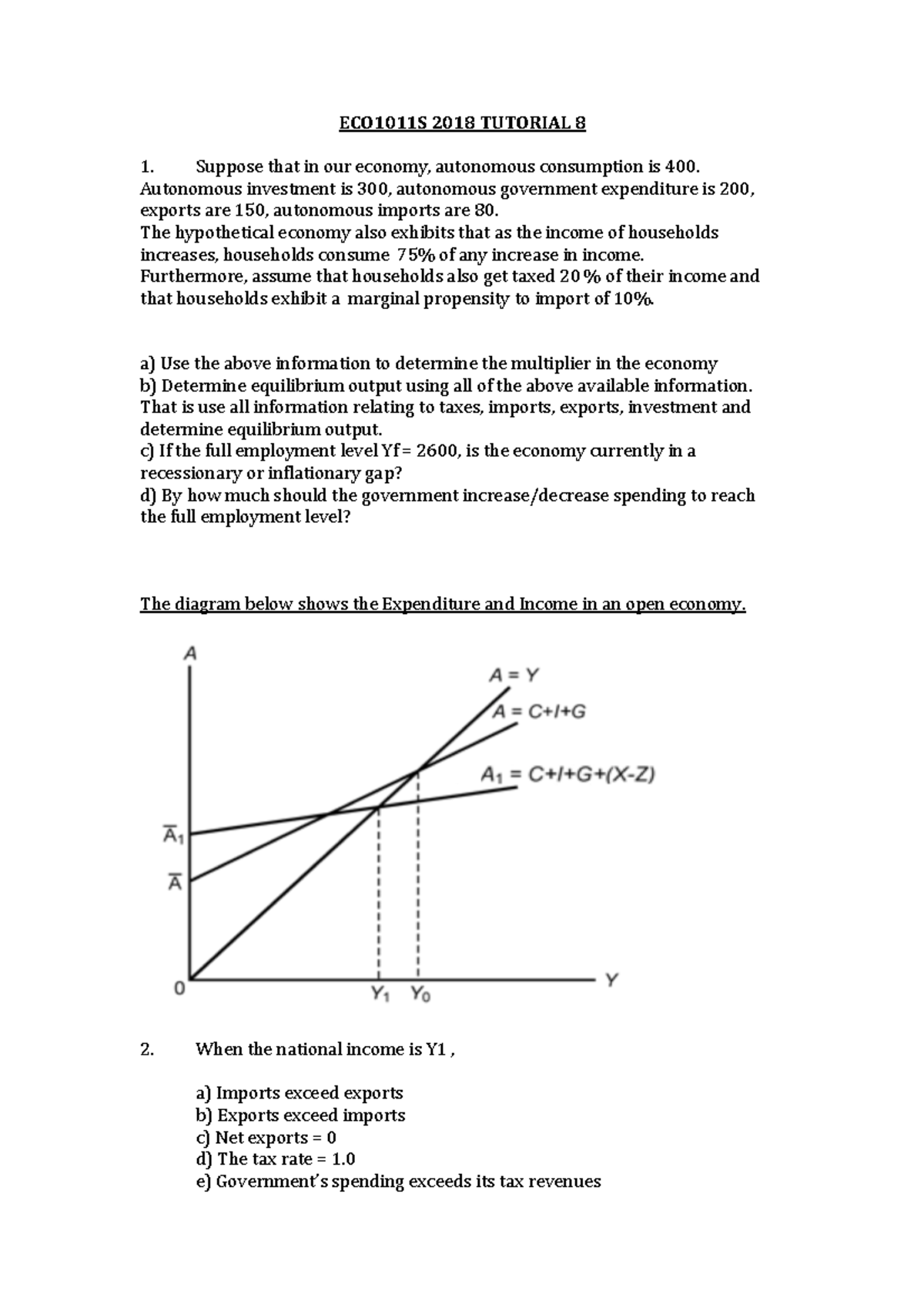 ECO1011S Tutorial 8 2018 - ECO1011S 2018 TUTORIAL 8 1. Suppose that in ...