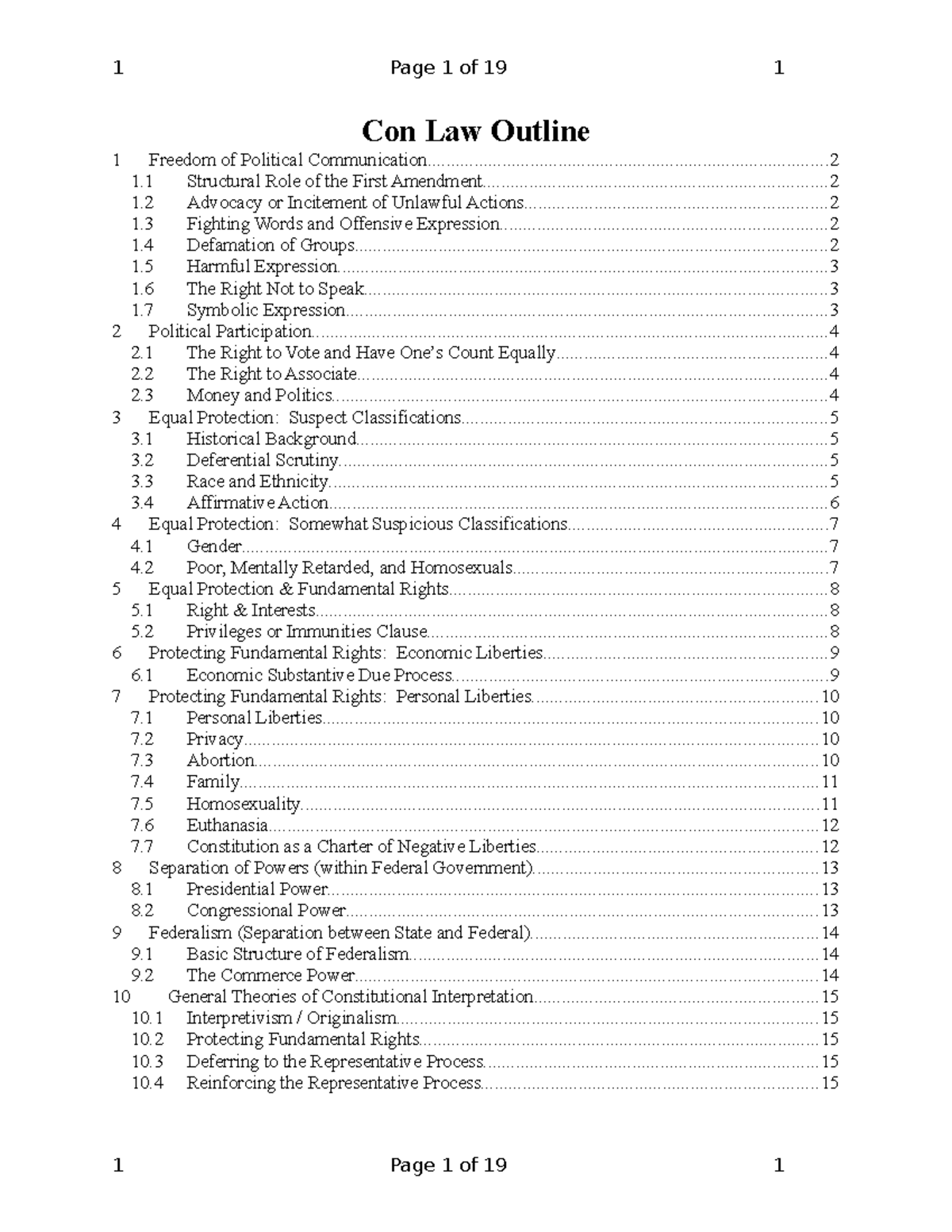 Fleming Con Outline - Con Law Outline 1 Freedom of Political - Studocu
