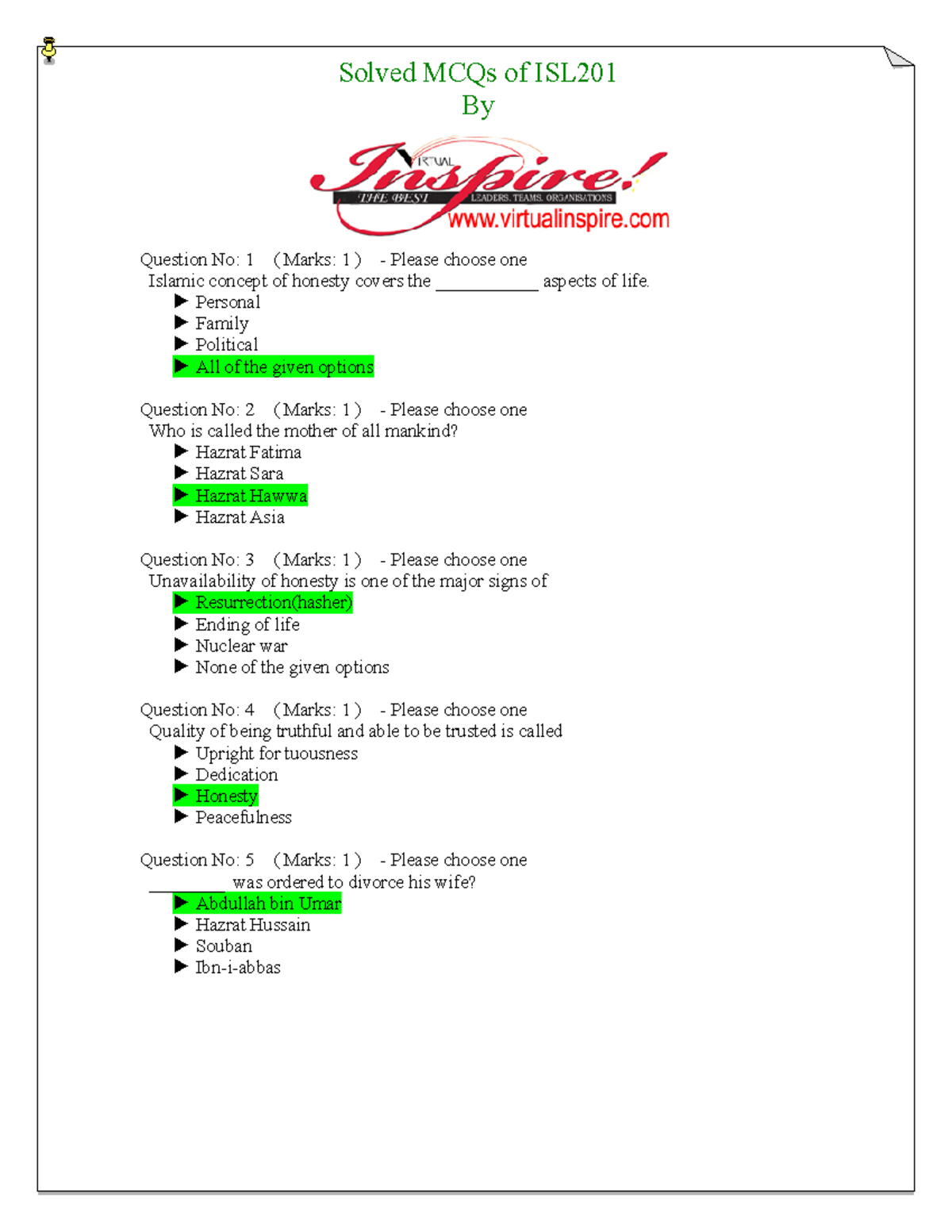 ISL 201 Quiz File - Solved MCQs of ISL By Question No: 1 ( Marks: 1 ) - Please choose one ...
