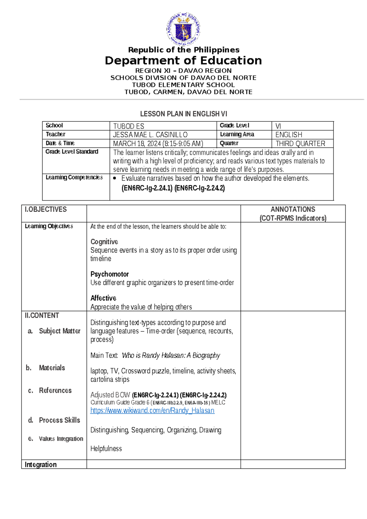 COT 3 English 6 Third Quarter - Department of Education REGION XI ...