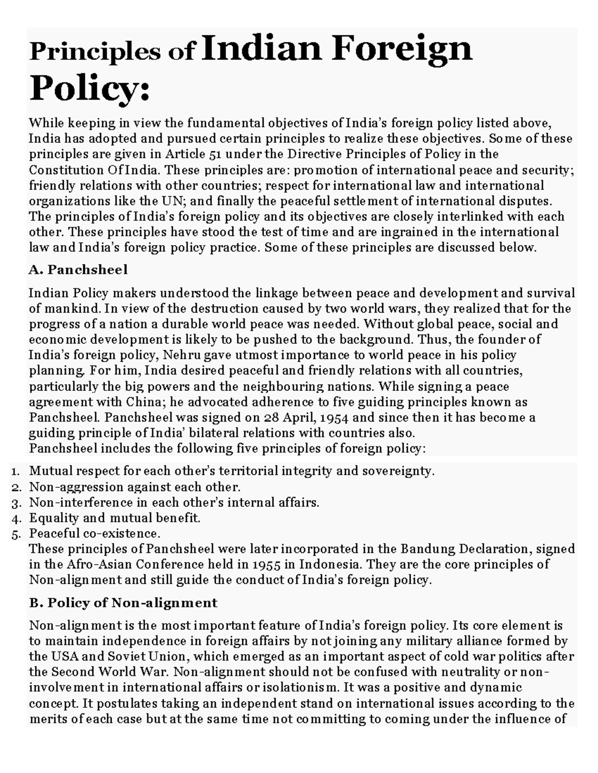 Principles of Indian Foreign Policy - Principles of Indian Foreign ...