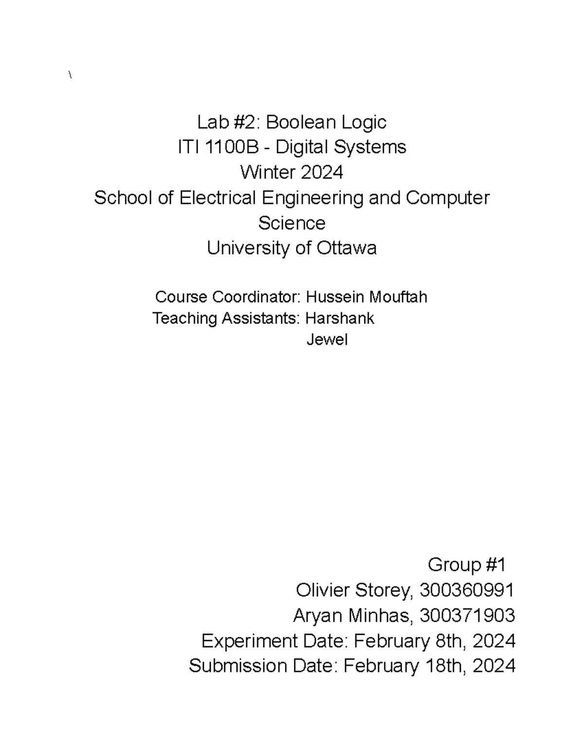 Lab 2 - lab 2 - \ Lab #2: Boolean Logic ITI 1100B - Digital Systems Winter 2024 School of ...