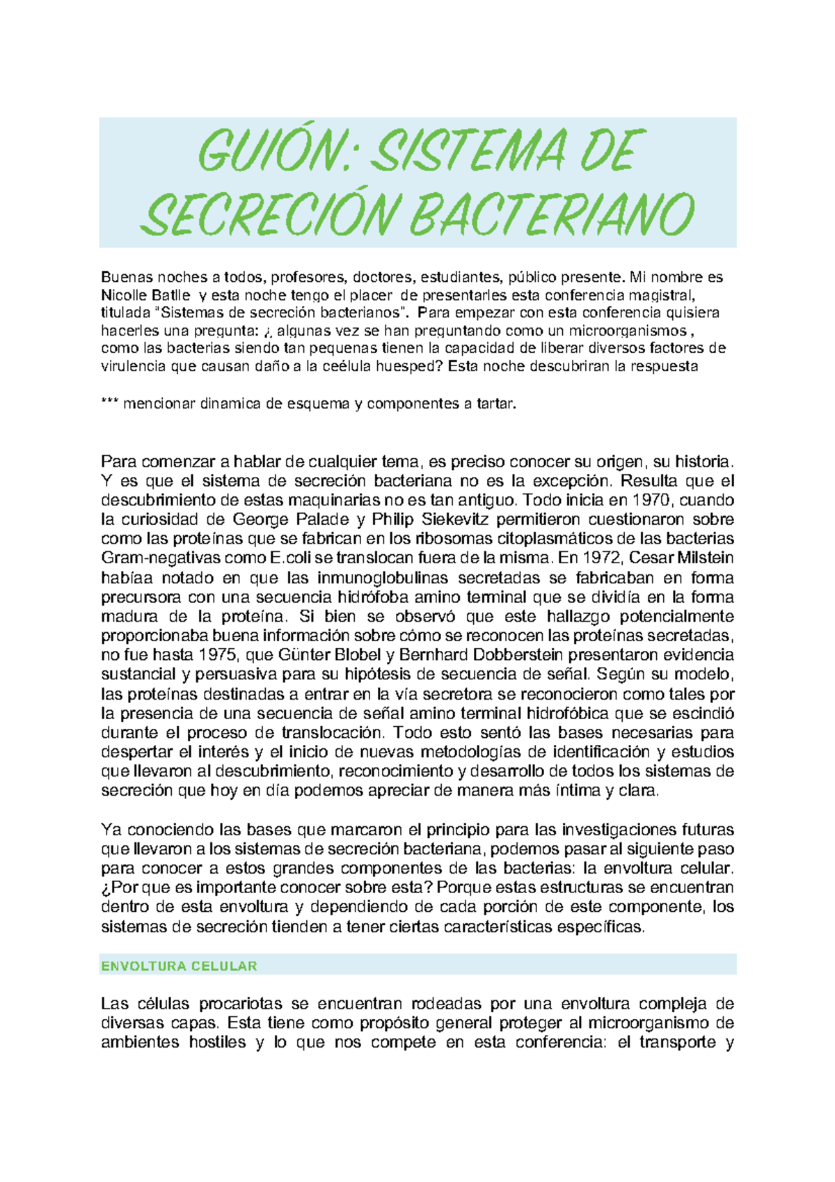 Guión - resumen de sistemas de secrecion bacteriana - Warning: TT: undefined function: 32 GUIÓN ...