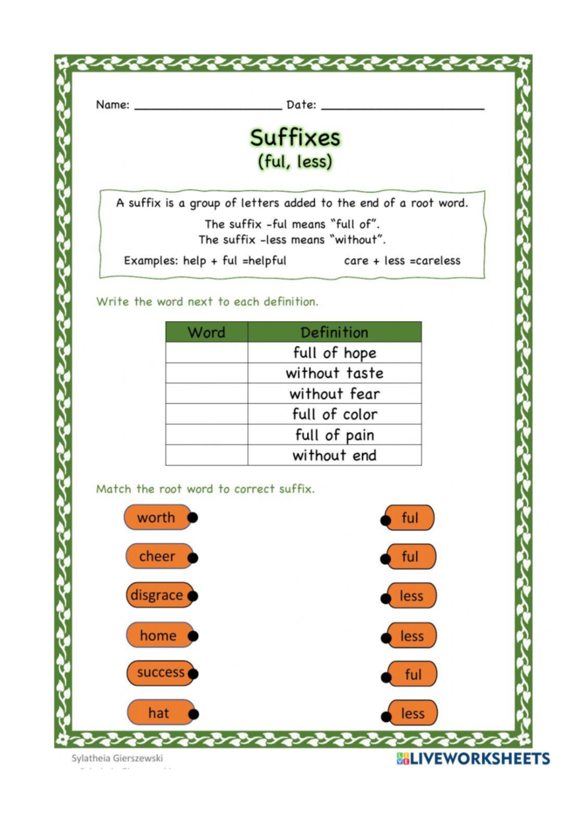 Suffix -ful and -less - ewaewtew - English - Level 3 - Name: Date ...