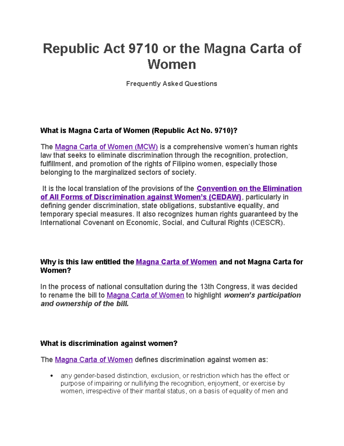 Republic Act 9710 or the Magna Carta of Women - Republic Act 9710 or the Magna Carta of Women ...