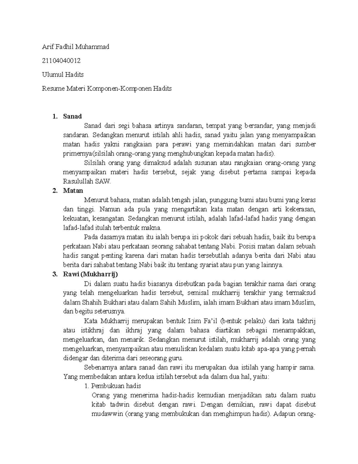 Komponen-Komponen dalam Hadits - Arif Fadhil Muhammad 21104040012 ...