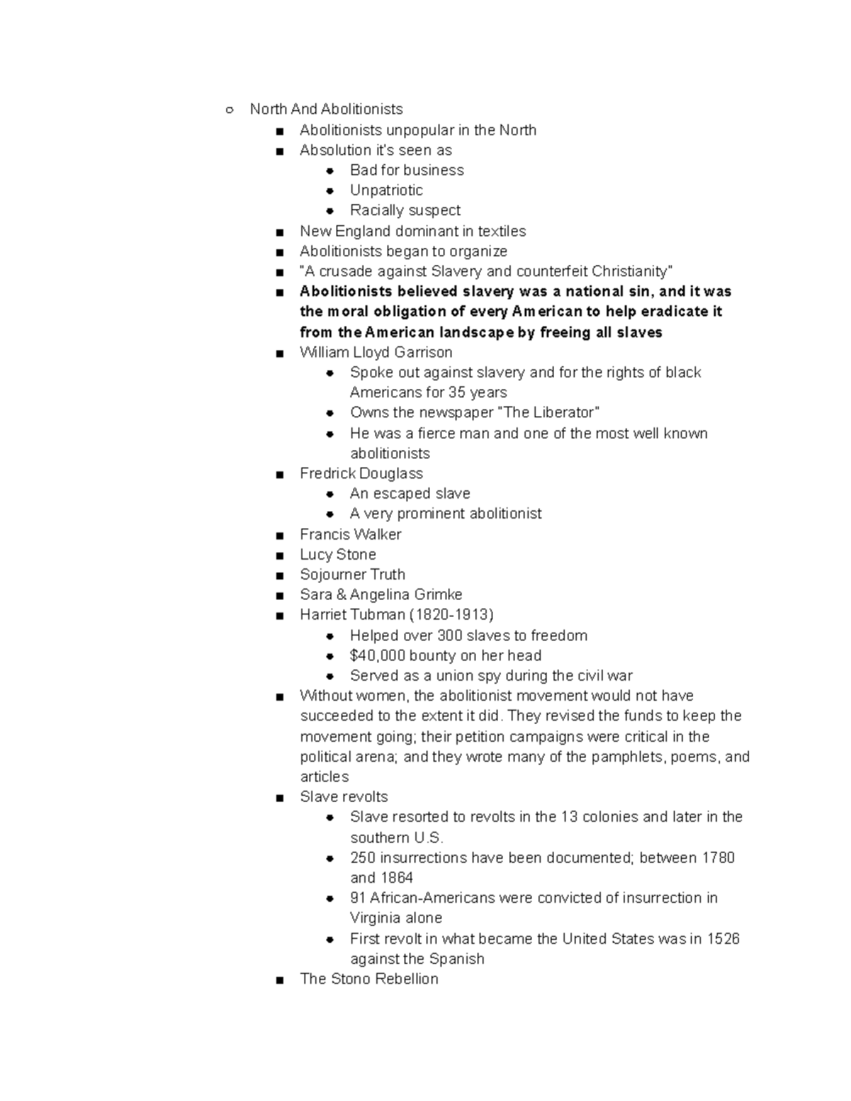HIST 160C1 Notes Unit 3 Part 2 - North And Abolitionists Abolitionists ...